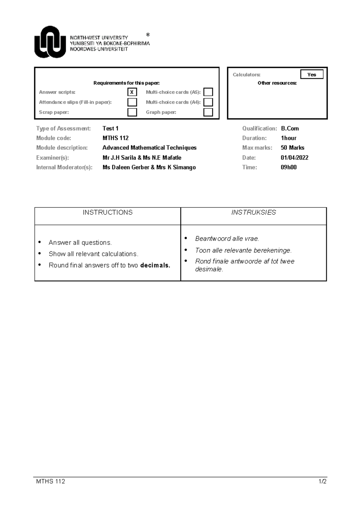 MTHS 112 Test 1 2022 - Advanced Mathematical Techniques Past Paper ...