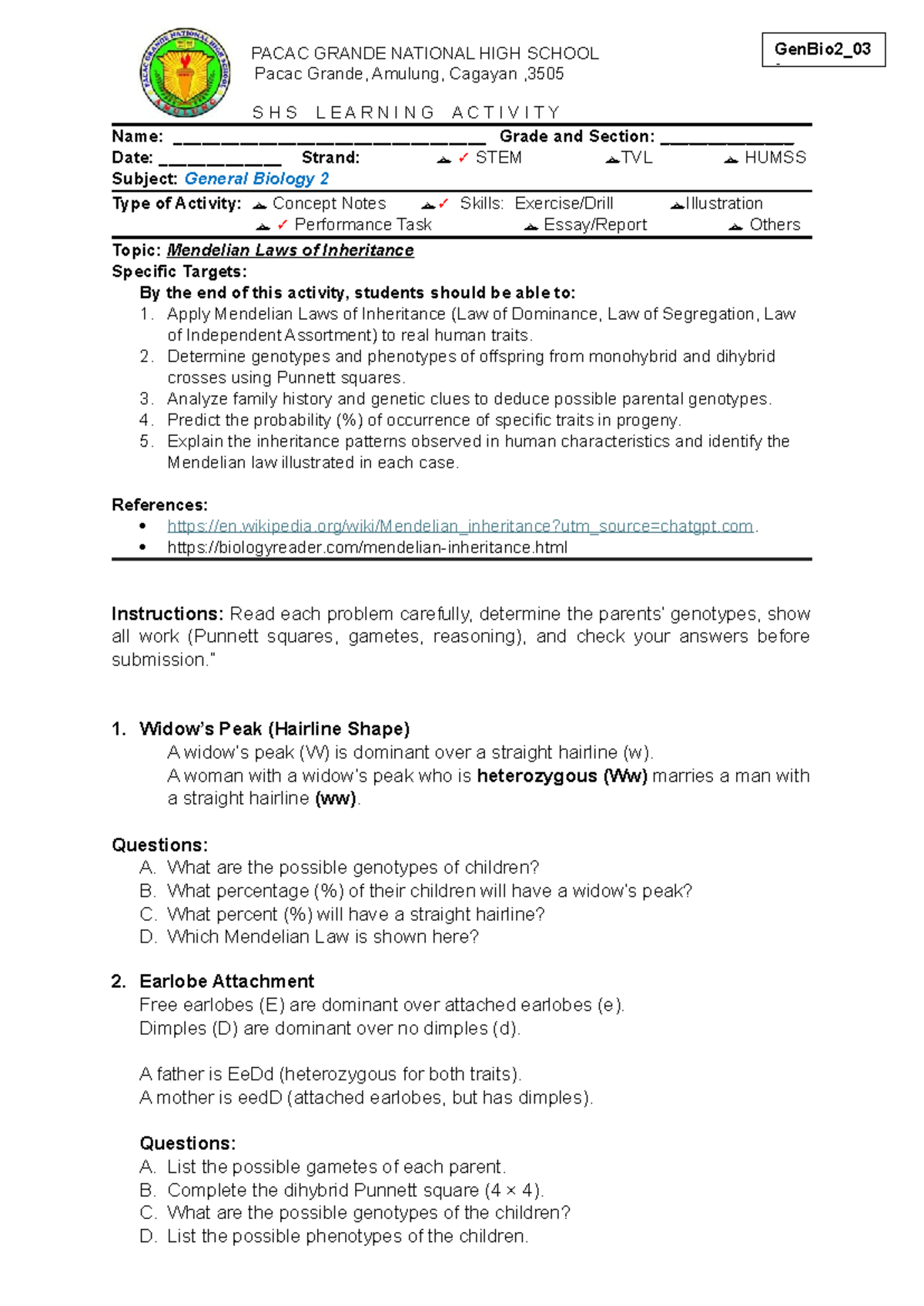 GenBio2_03 Activity #3: Mendelian Laws of Inheritance Notes - Studocu