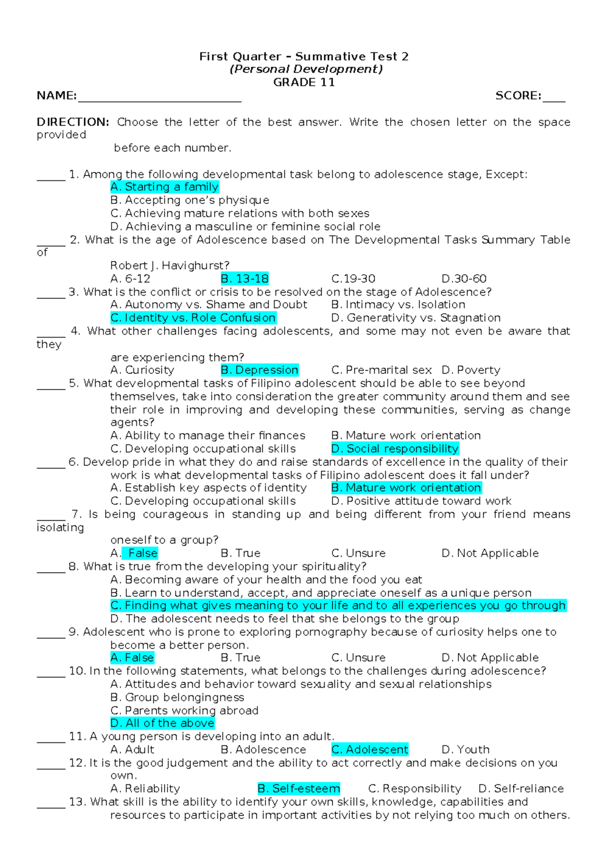 Q-1 - Summative Test 2: Personal Development G11 Insights - Studocu
