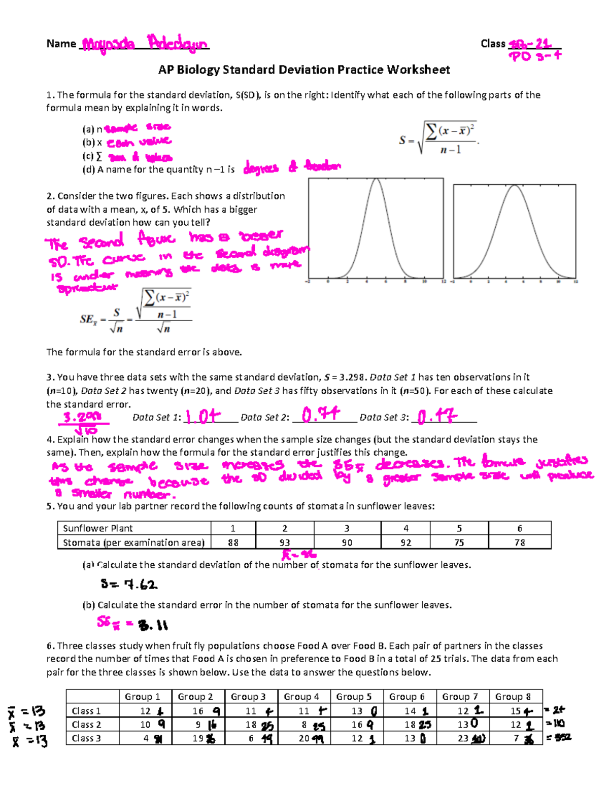 AP Biology Standard Deviation Practice Worksheet (Ch. Sv L) - Studocu