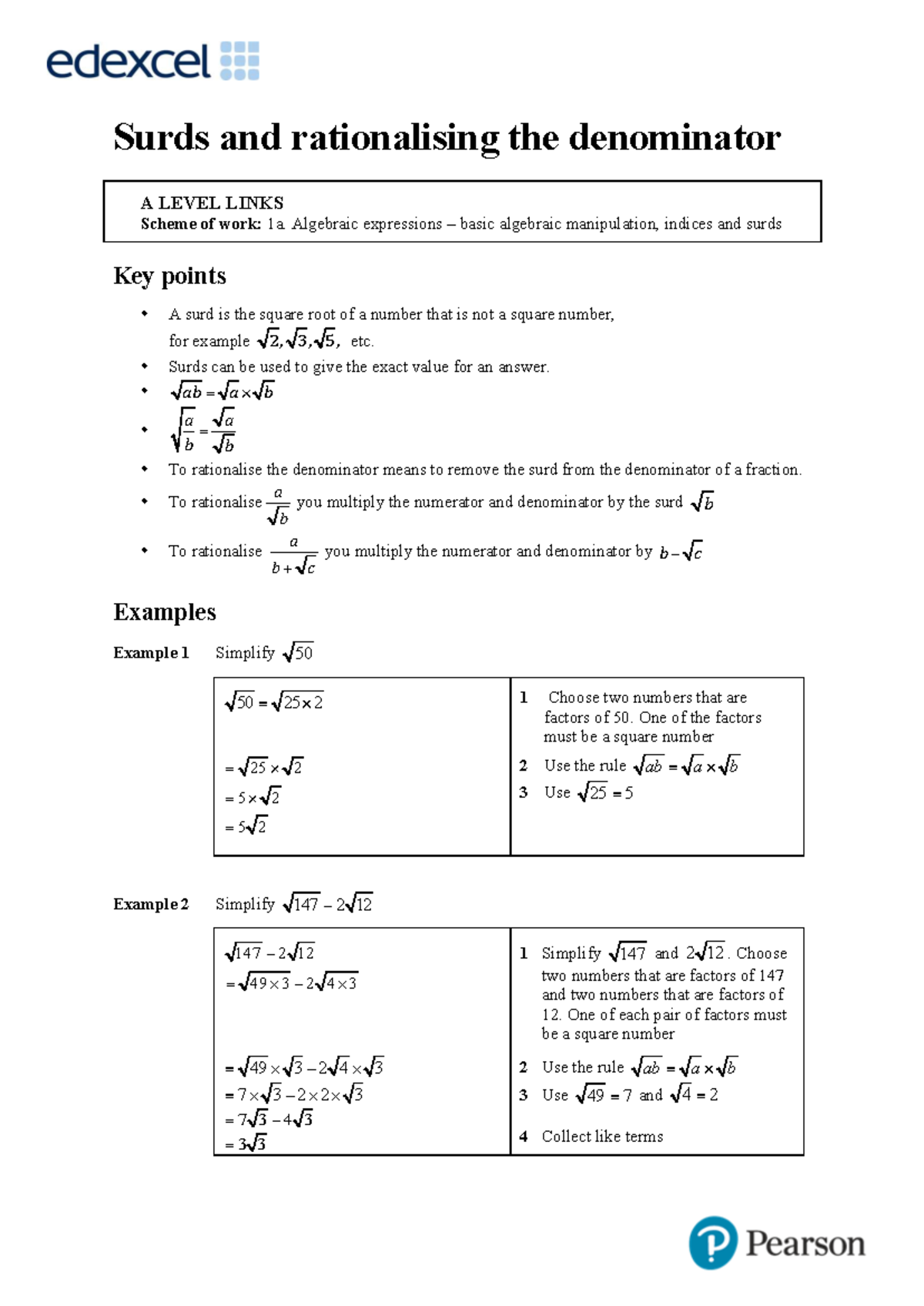 A LEVEL MATHS: Surds & Rationalising Denominators - Year 7 Guide - Studocu