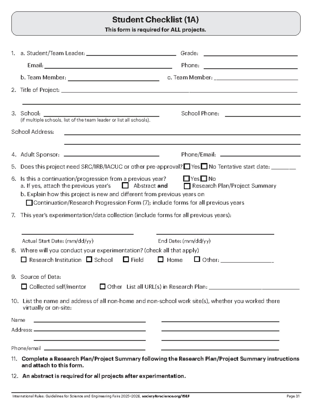1A Student Project Checklist for Science Fair Submissions - Studocu