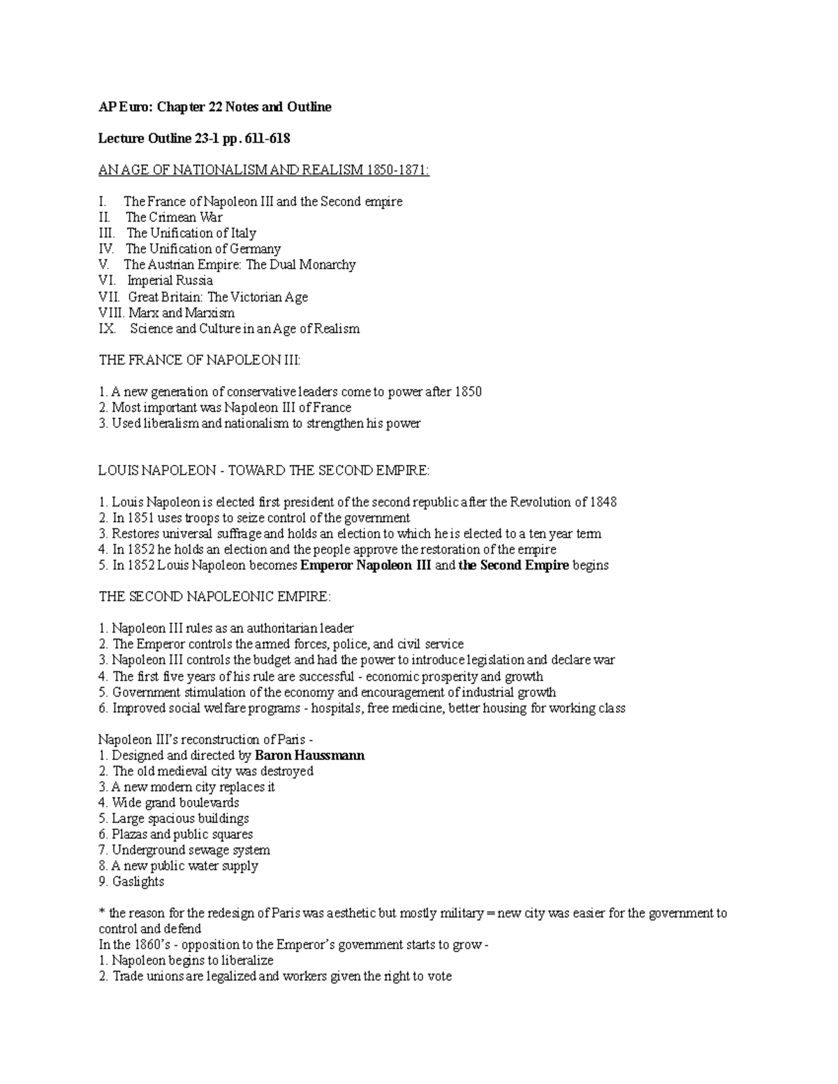 AP Euro: Chapter 22 - Nationalism and Realism Lecture Notes - Studocu