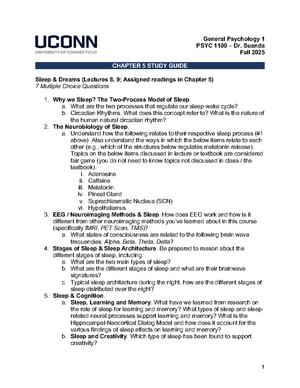 General Psychology 1 PSYC 1100: Chapter 5 Study Guide on Sleep & Dreams ...