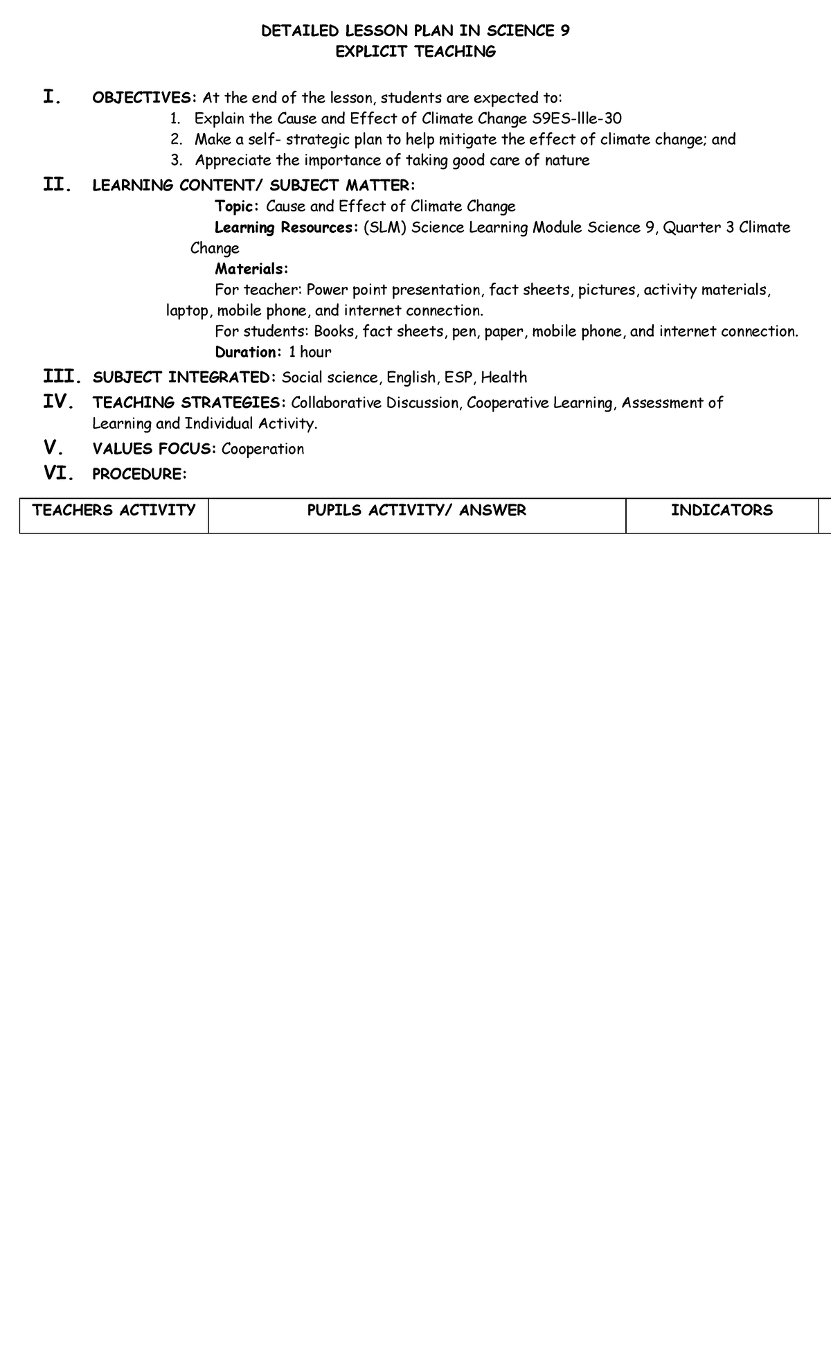 Lesson plan in science - DETAILED LESSON PLAN IN SCIENCE 9 EXPLICIT ...
