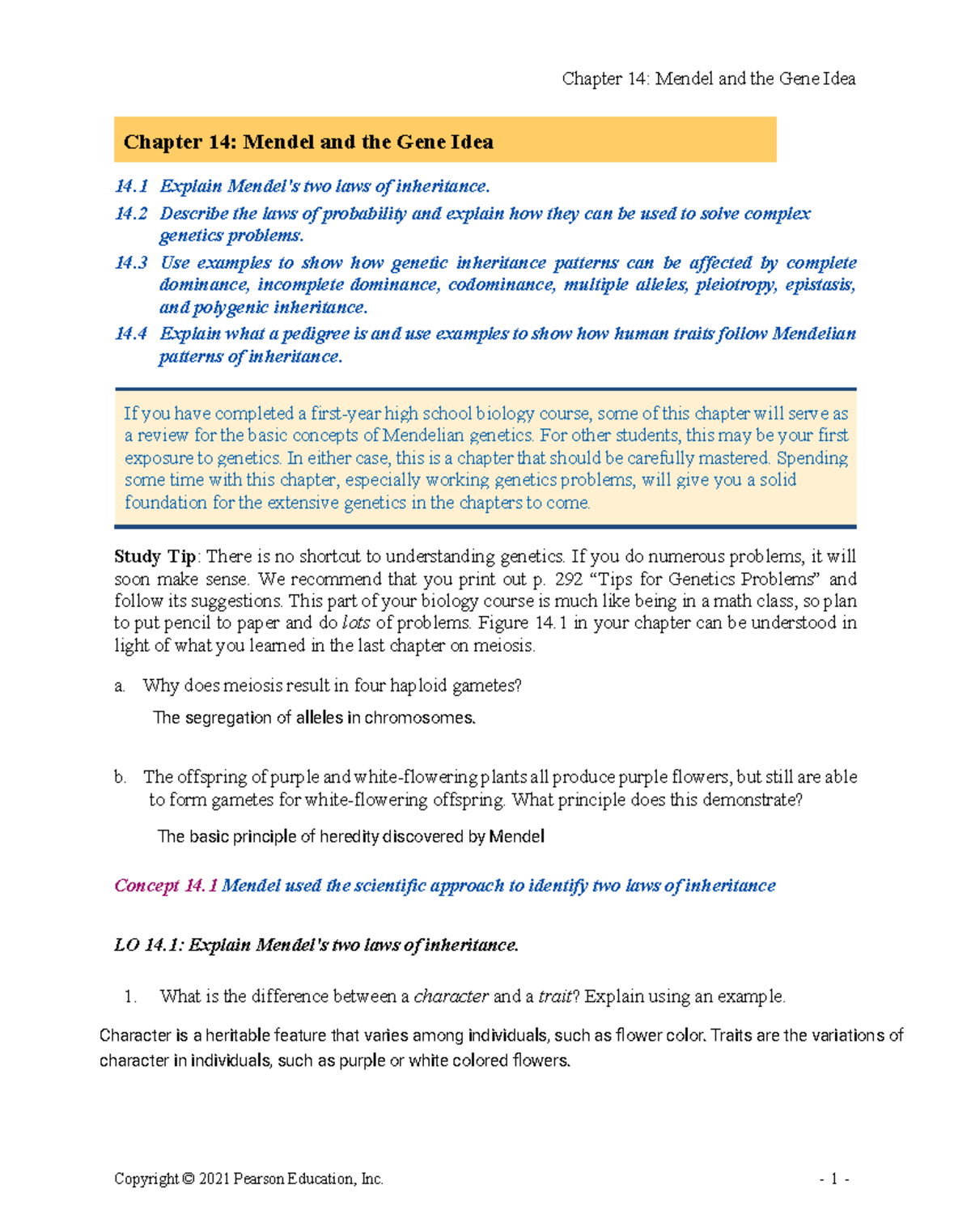 Kayla Dunbar - Ch. 14 Reading Guide - Chapter 14: Mendel and the Gene ...