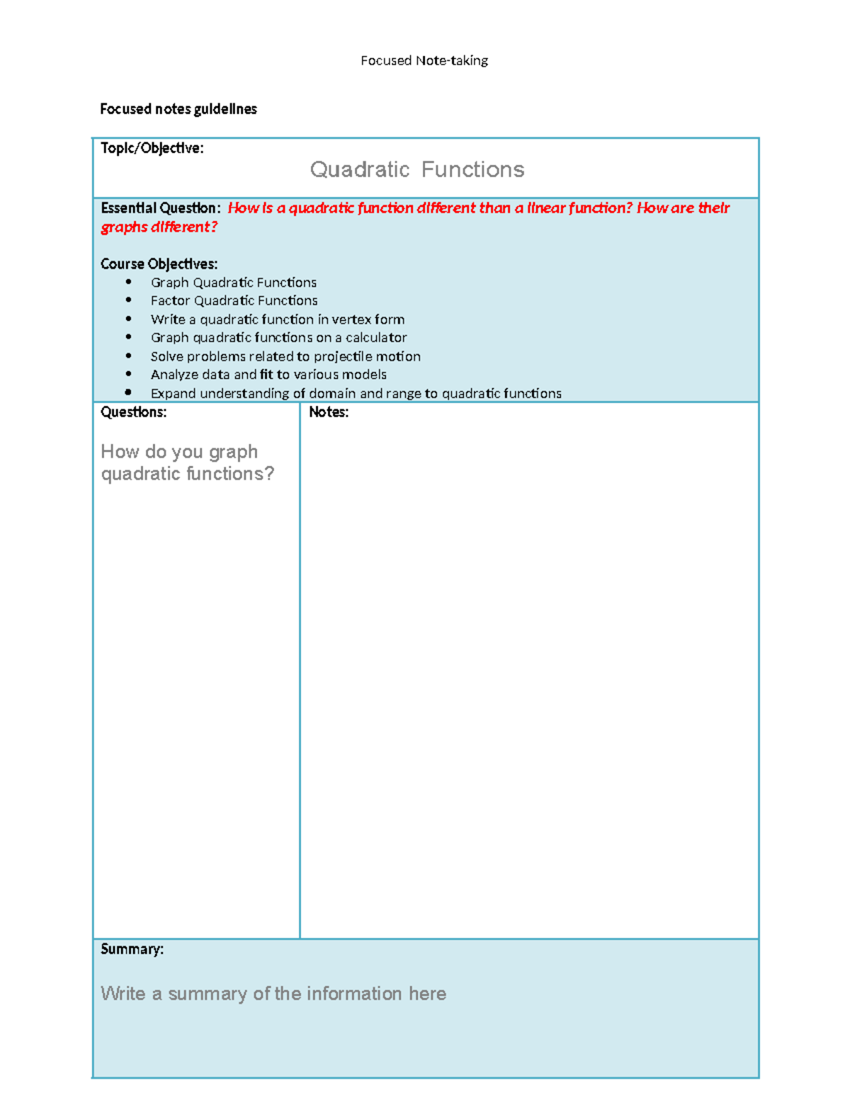 Focused note taking math - Focused notes guidelines Topic/Objective ...