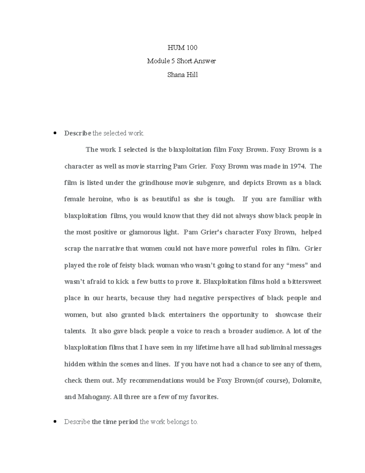 Module 5 Short Answer on Blaxploitation Film: Foxy Brown - HUM 100 ...