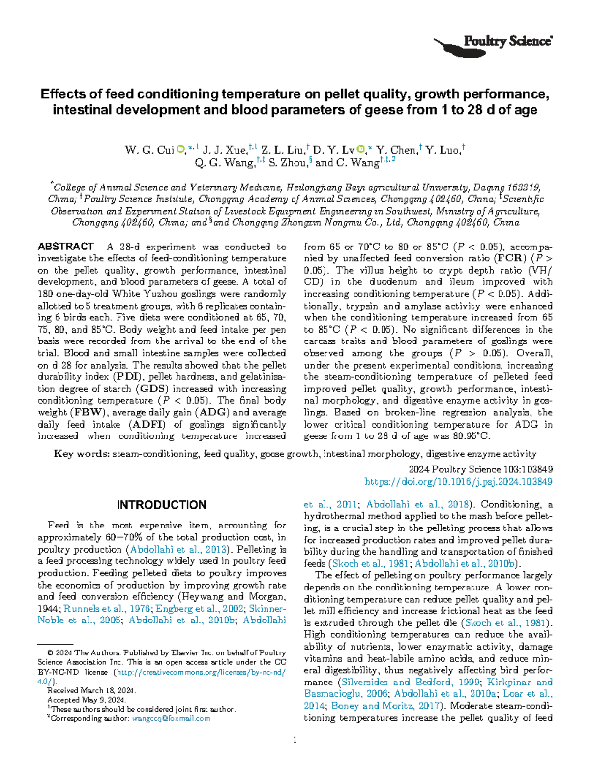Effects of Conditioning Temp on Pellet Quality & Growth in Geese (1-28 ...