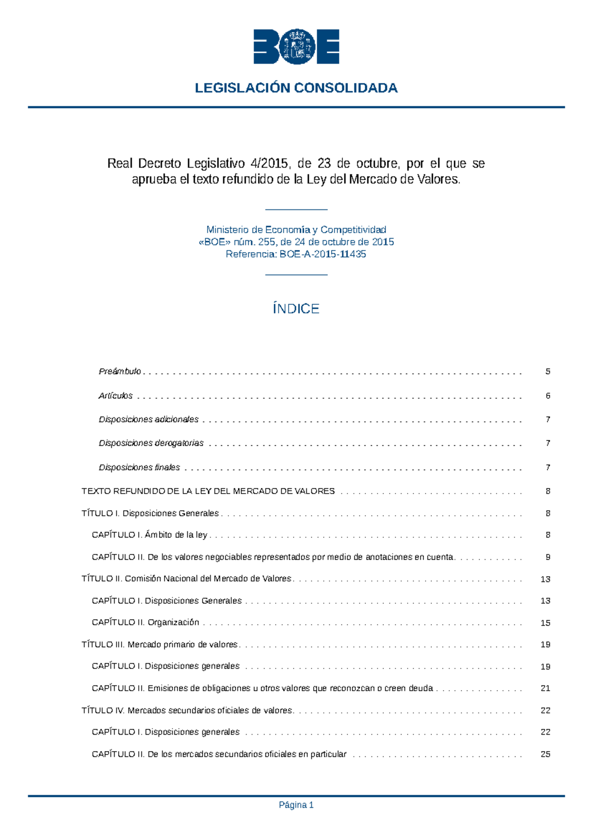 BOE-A-4.2015: Texto Refundido de la Ley del Mercado de Valores - Studocu