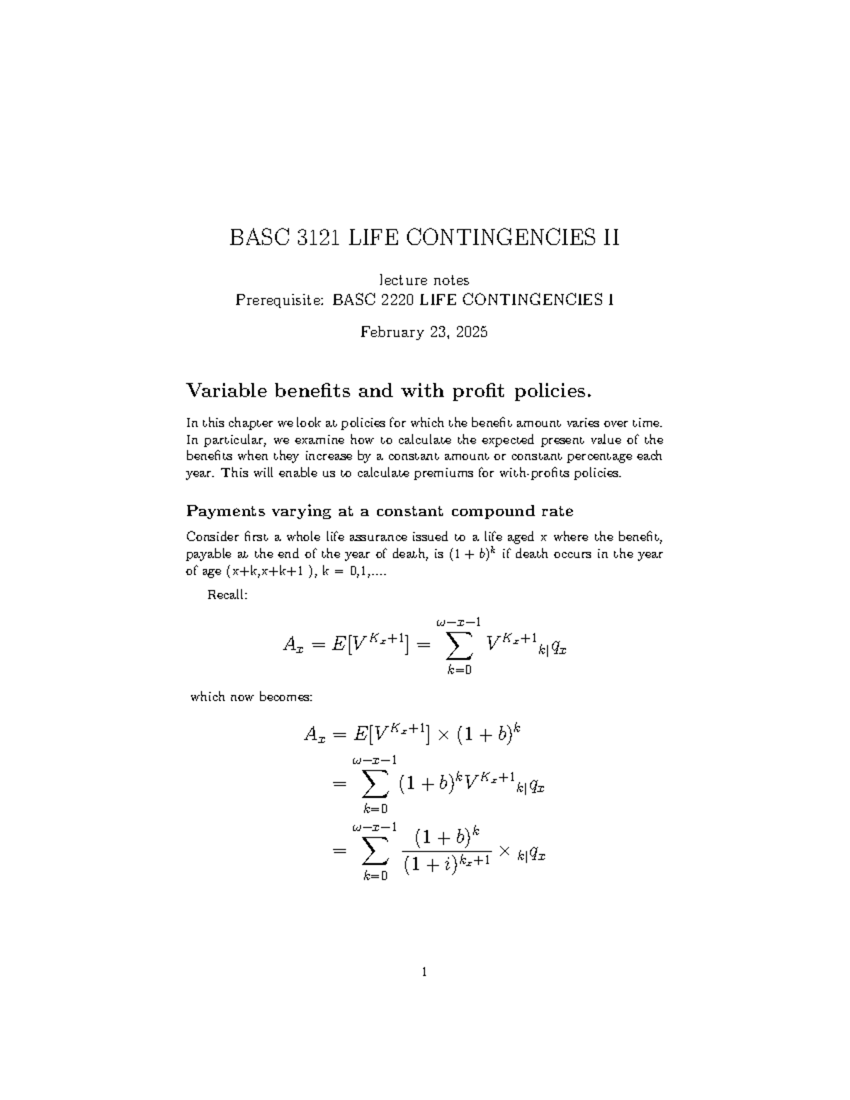 BASC 3121 LIFE CONTINGENCIES II Variable Payments Assurances Lesson 1 ...