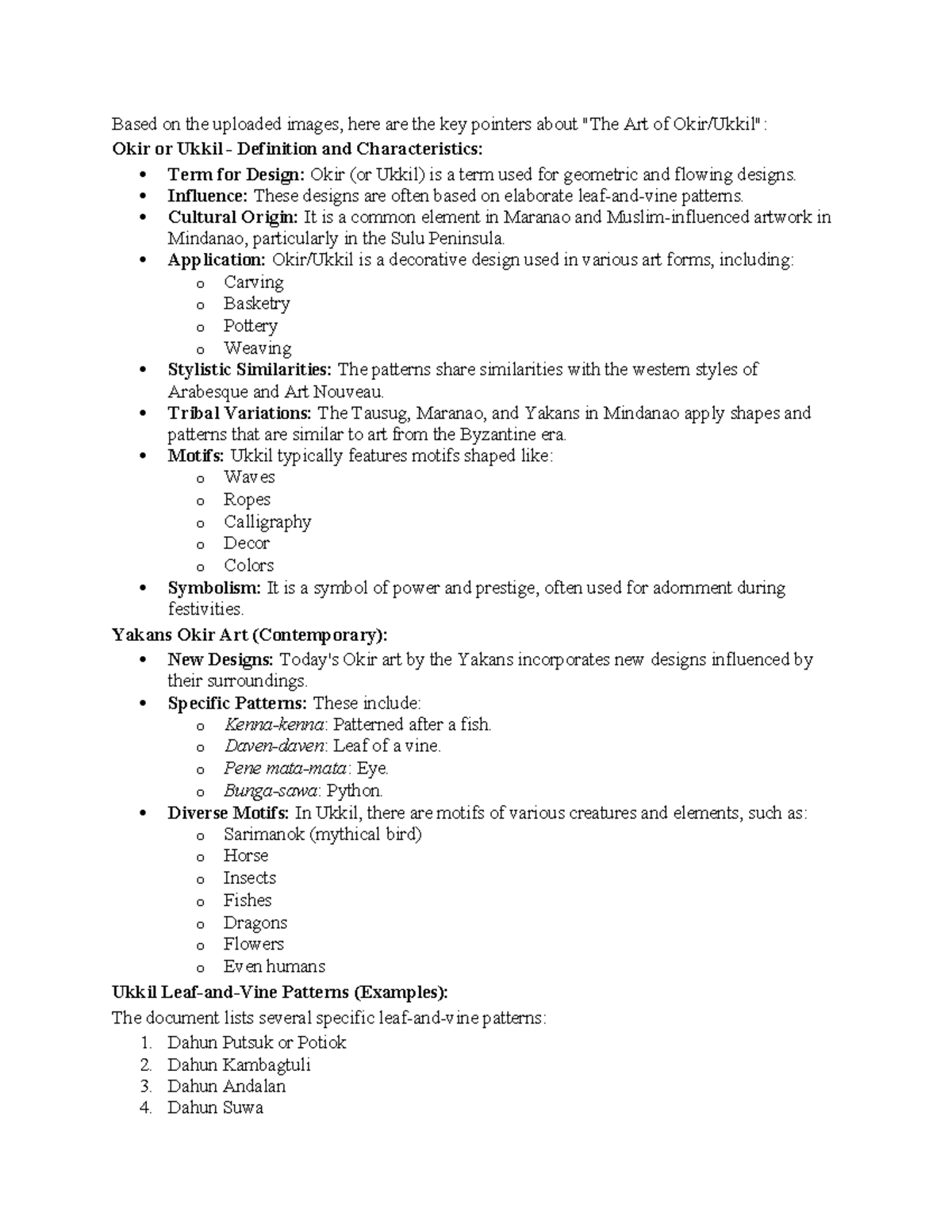 OKIR - Key Characteristics and Patterns of Ukkil Art - Studocu
