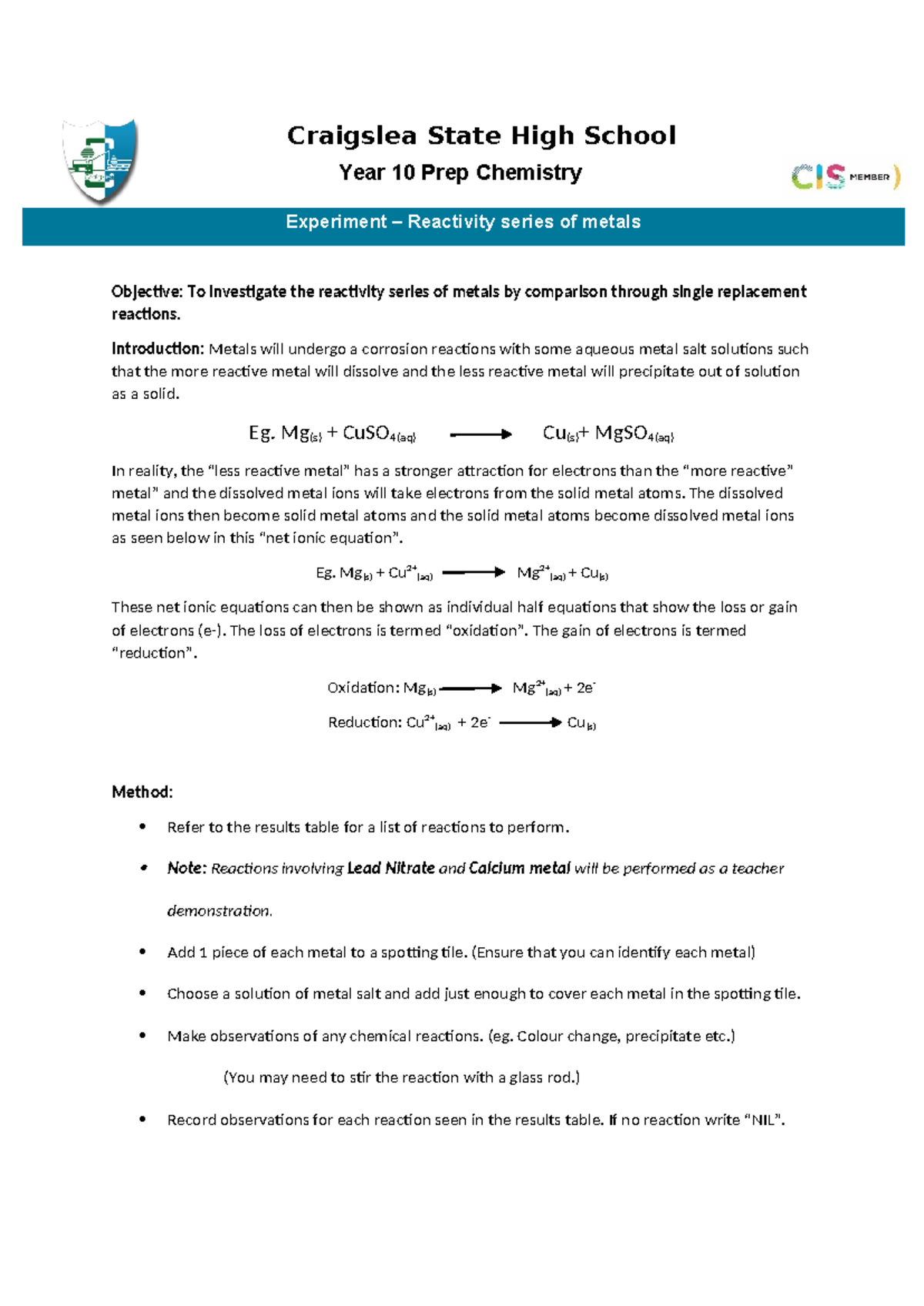 Metal reactivity single replacement reaction spotting tile - Craigslea ...