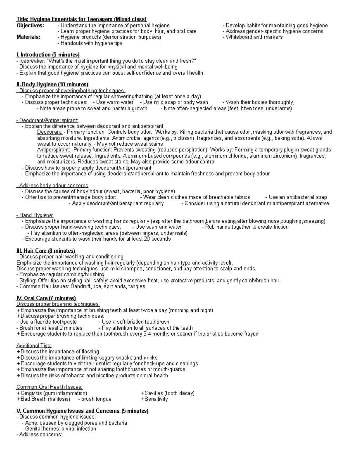 Life Skills Hygiene Lesson: Essential Practices for Teens - Studocu