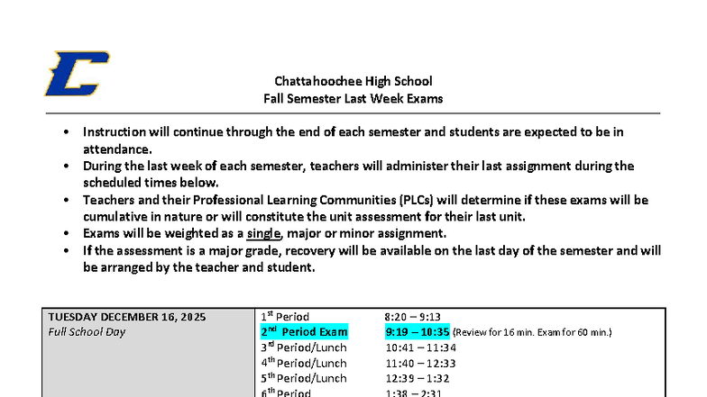 CHS - 25-26 Last Week Exam Schedule for Fall Semester - Studocu