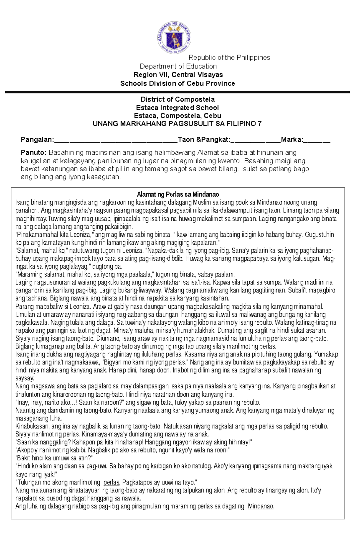 UNANG MARKAHANG PAGSUSULIT SA FILIPINO 7: Q1 Periodical Test Guide ...