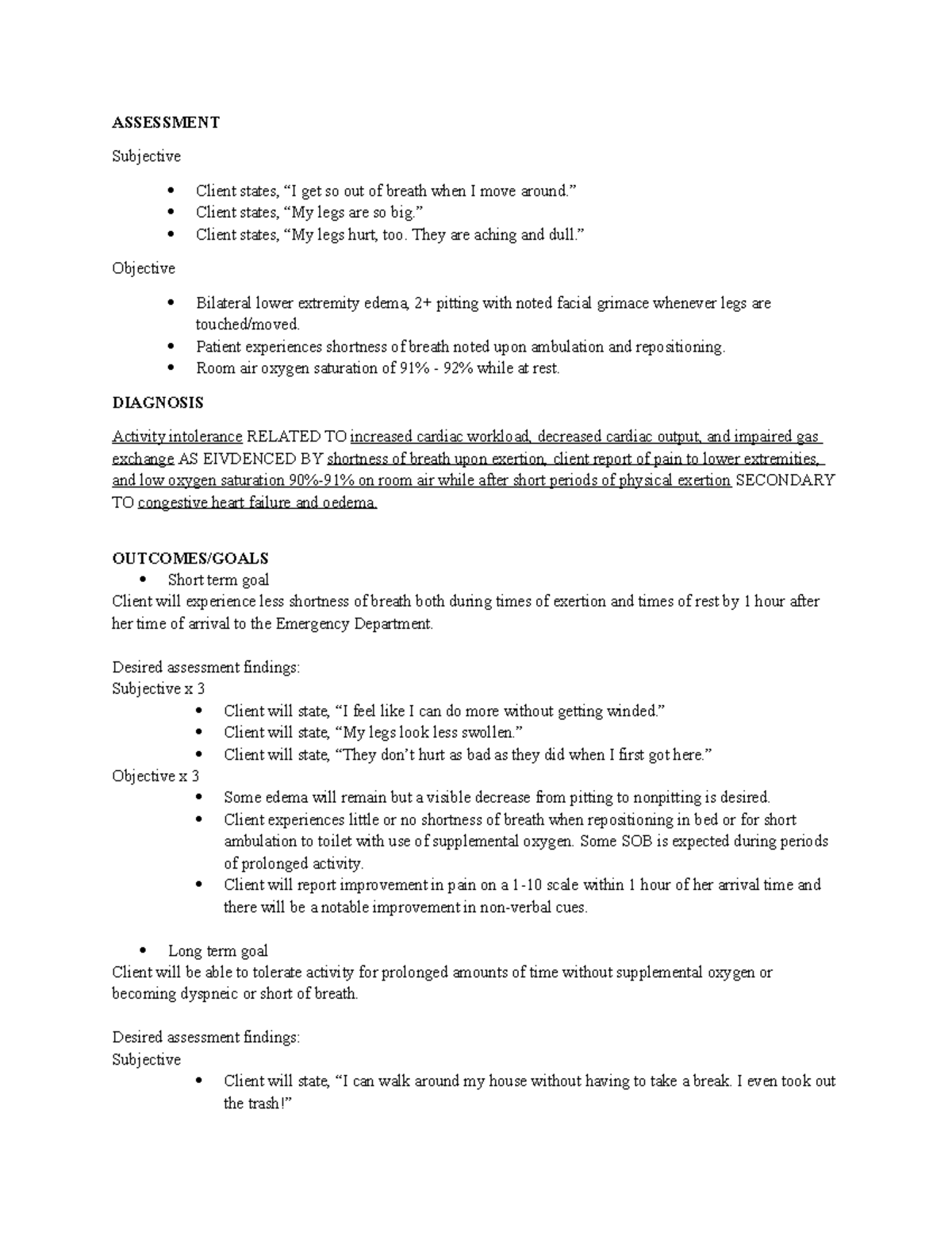 Care Plan Example for CHF Management: Assessment & Goals - Studocu