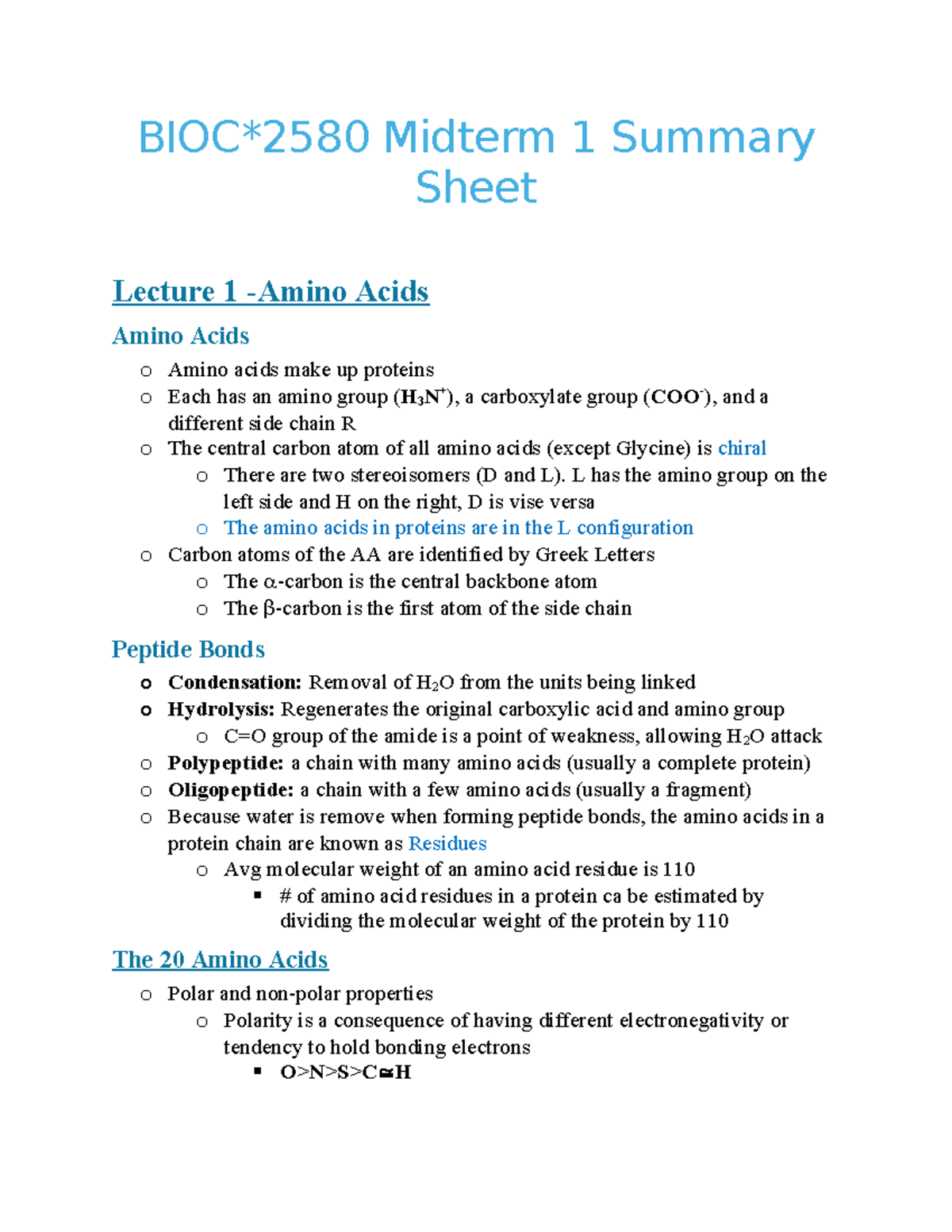 BIOC 101 Midterm 1 Summary: Acids & Amino Acids Overview - Studocu