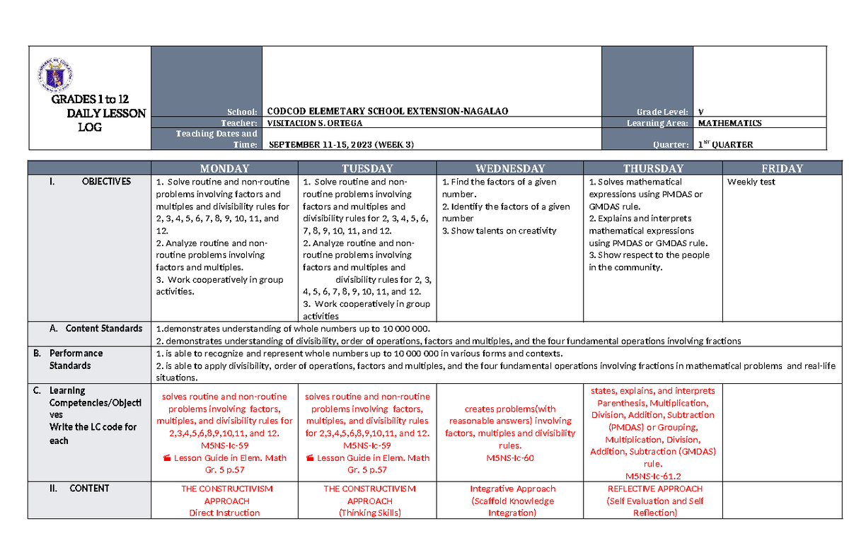 DLL Mathematics 5 Q1 W3: Factors, Multiples & Divisibility Rules - Studocu
