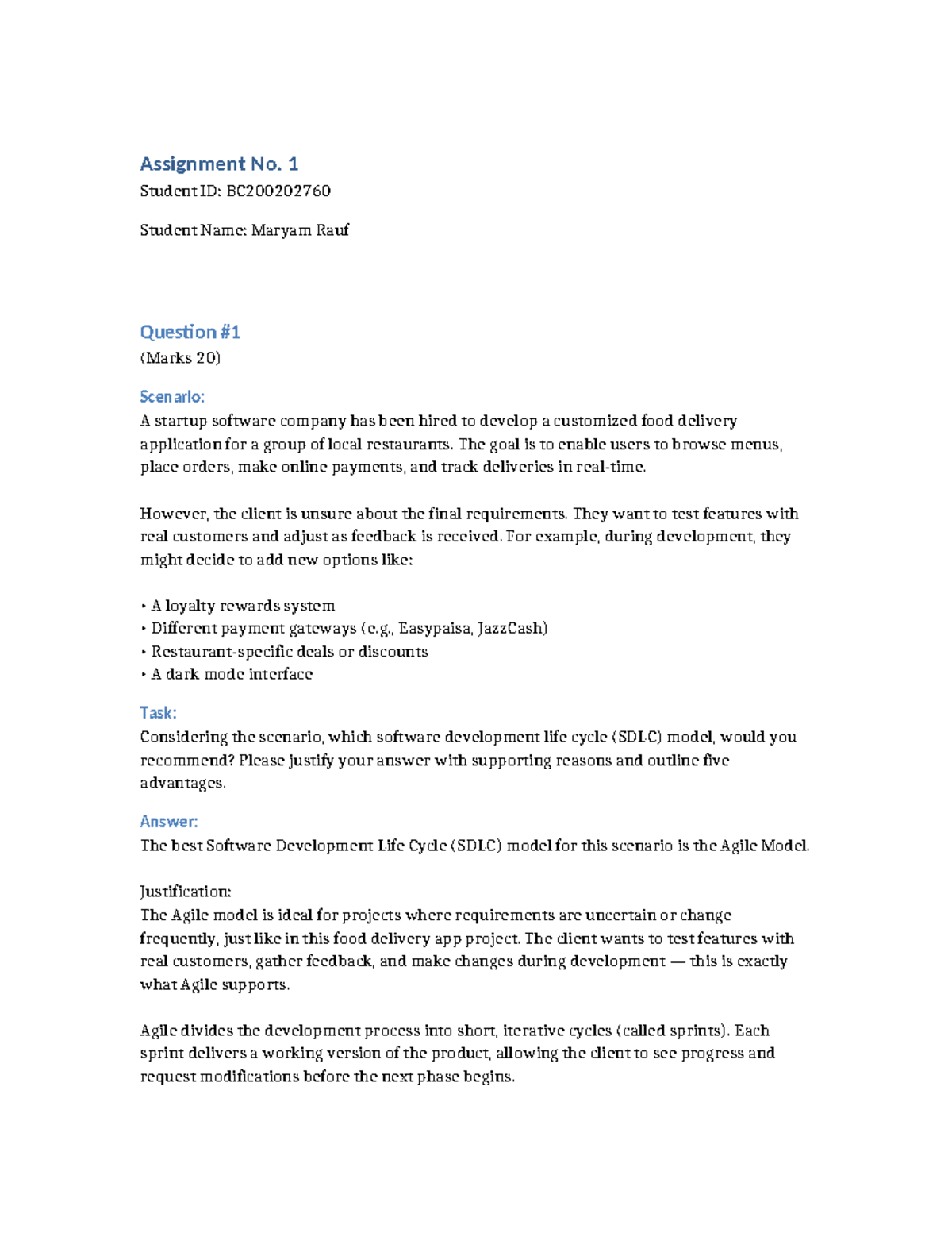 Assignment No. 1: SDLC Model Recommendation for Food Delivery App - Studocu