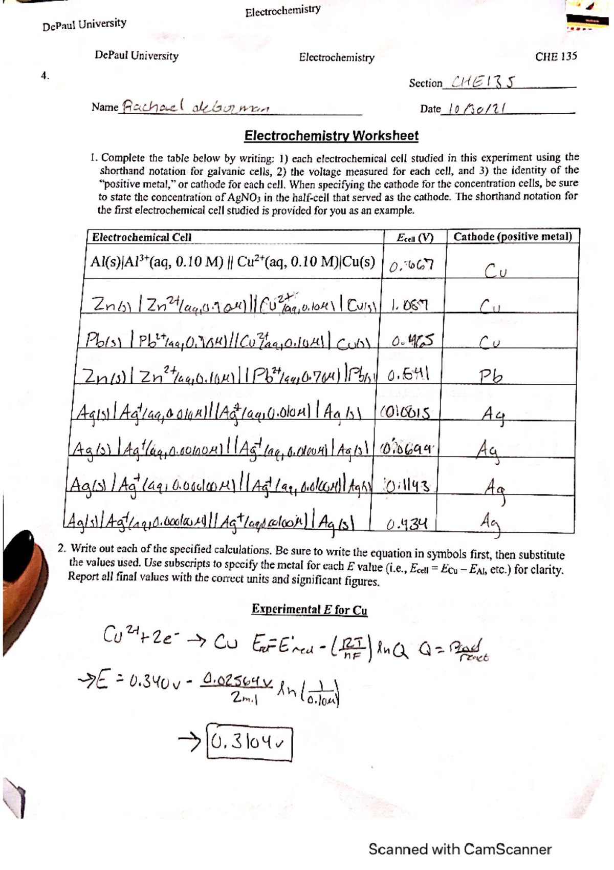 Lab 7: Electrochemistry Procedures and Calculations (CHE 135) - Studocu