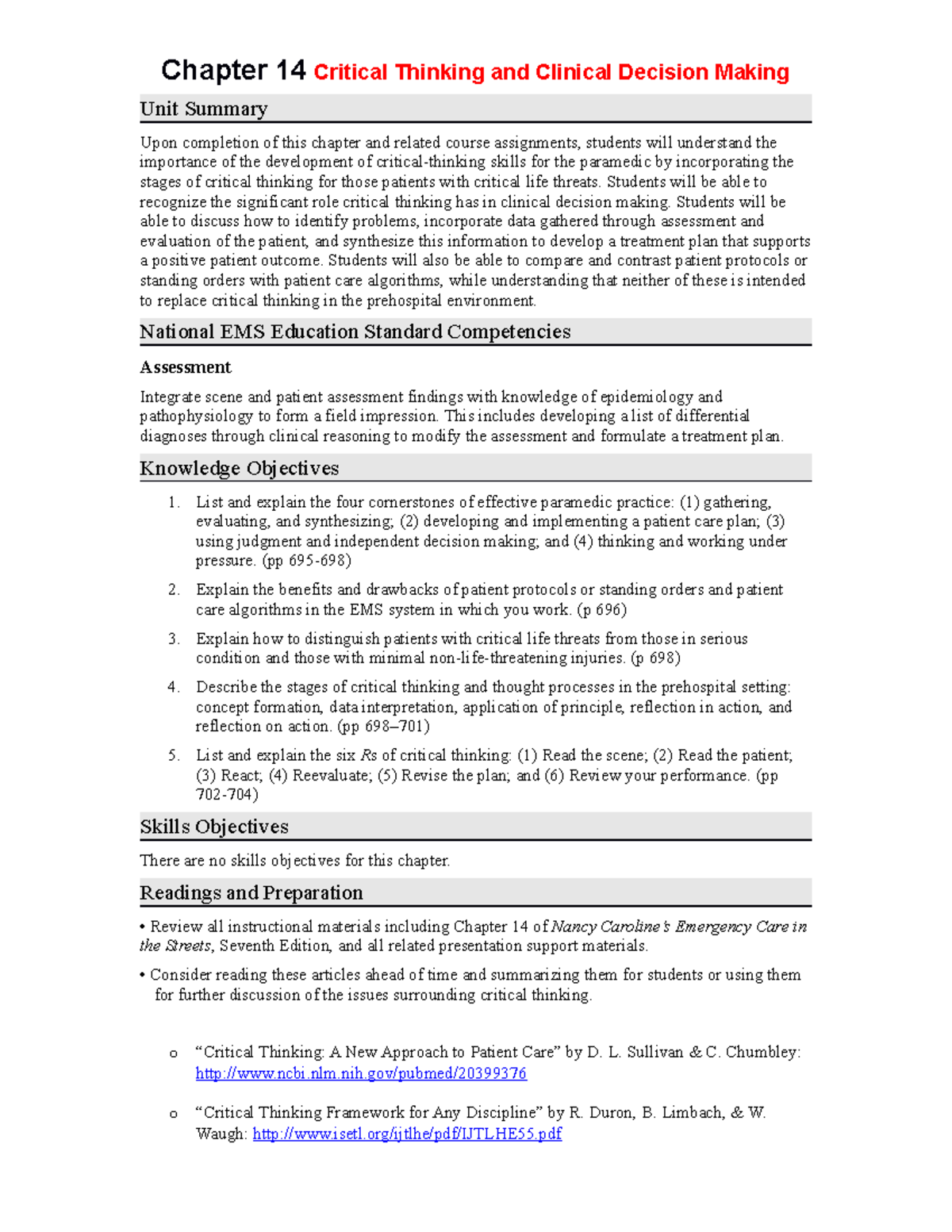 Ch14 Critical Thinking & Clinical Decision Making in Paramedic Practice ...