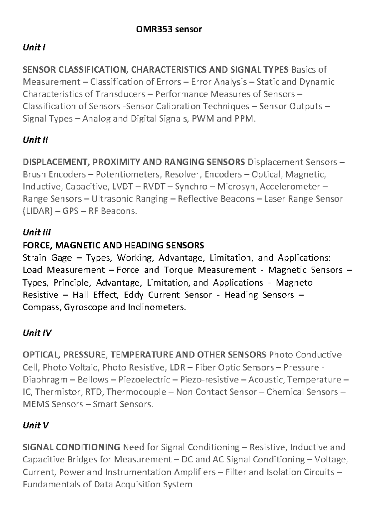 Syllabus - notes - OMR353 sensor Unit I SENSOR CLASSIFICATION ...