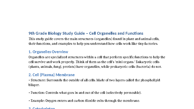 9th Grade Biology Study Guide: Cell Organelles & Their Functions - Studocu