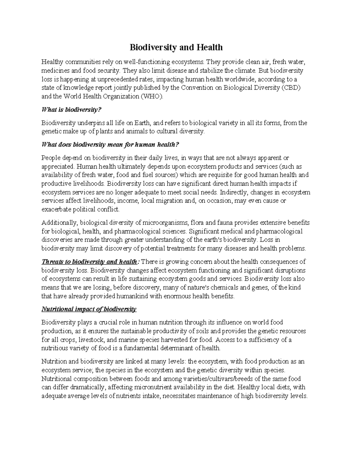 Biodiversity and Health: Impacts on Ecosystems and Human Well-being ...