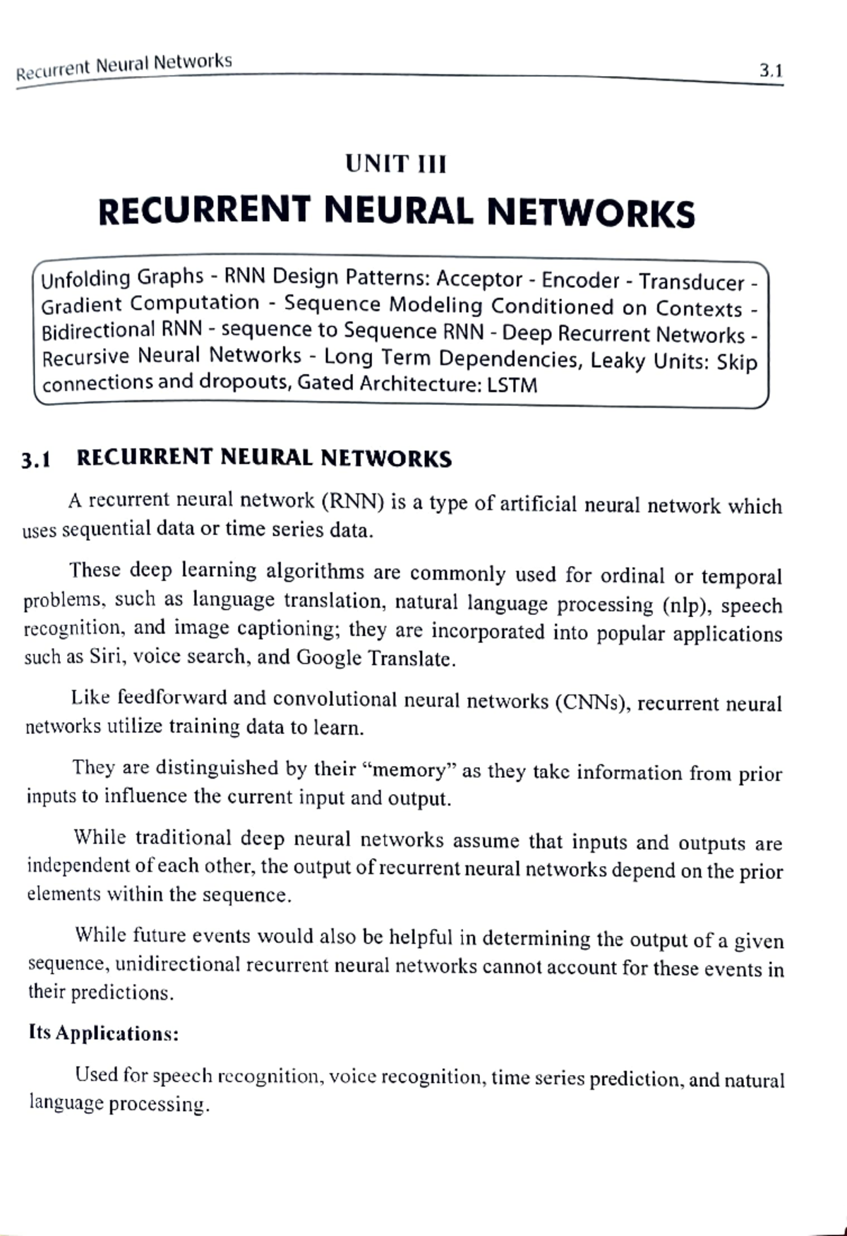 Deep Learning Unit 3: Recurrent Neural Networks Study Notes - Studocu