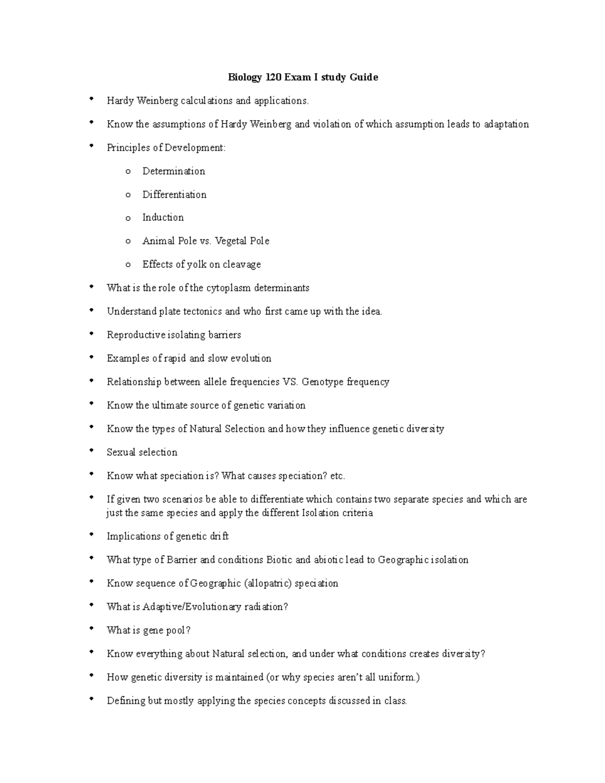 Biology 120 Final Exam I Study Guide: Hardy-Weinberg & Evolution ...