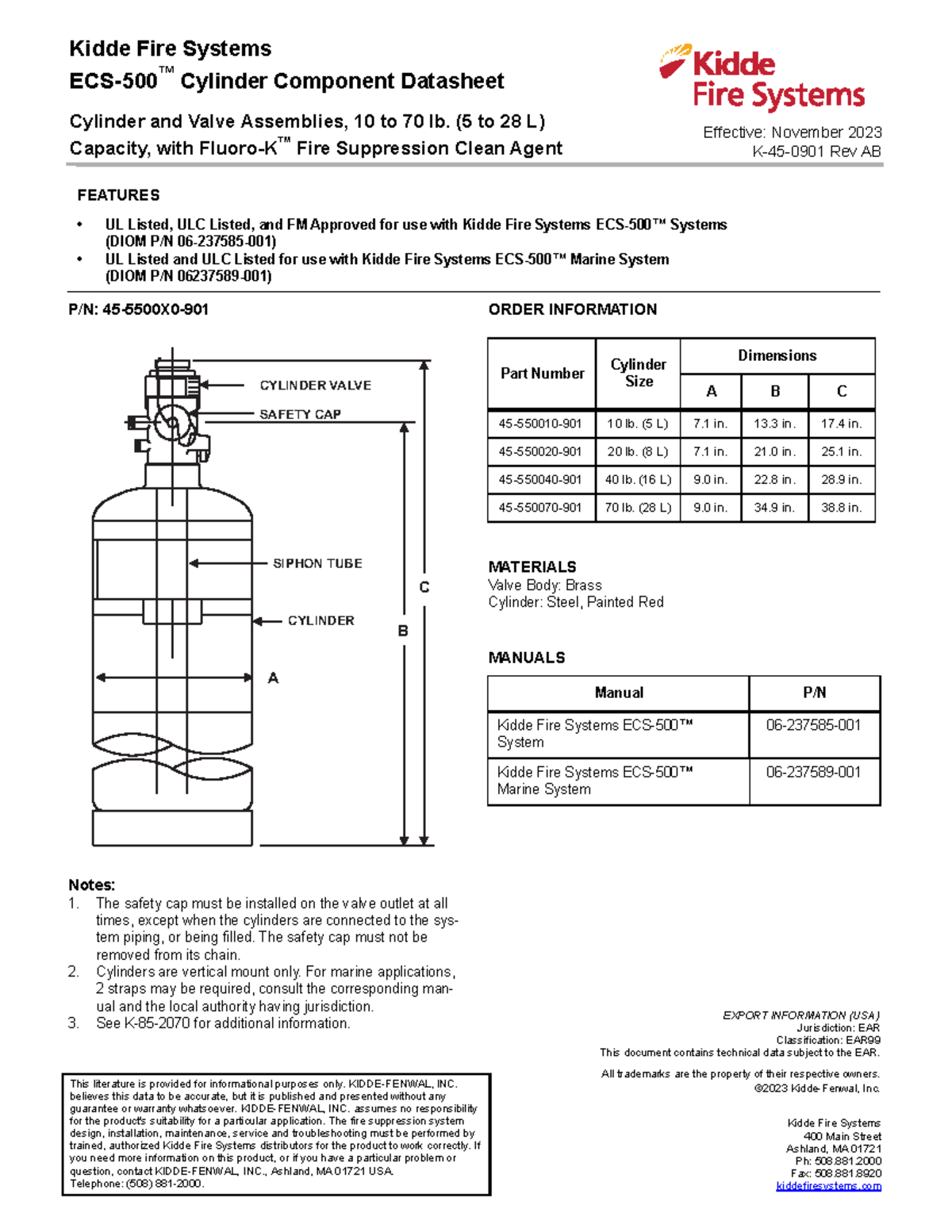 Kidde ECS-500 psi 10 lb to 70 lb Cylinder and Valve Assemblies with ...