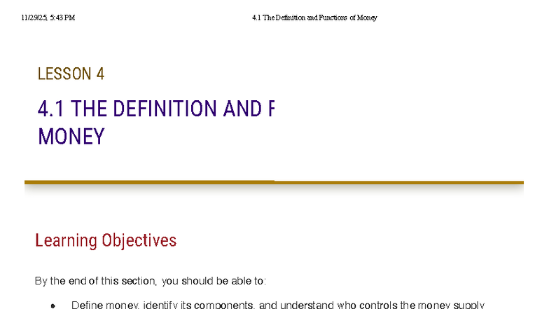 EC249 Lesson 4: The Definition and Functions of Money - Studocu