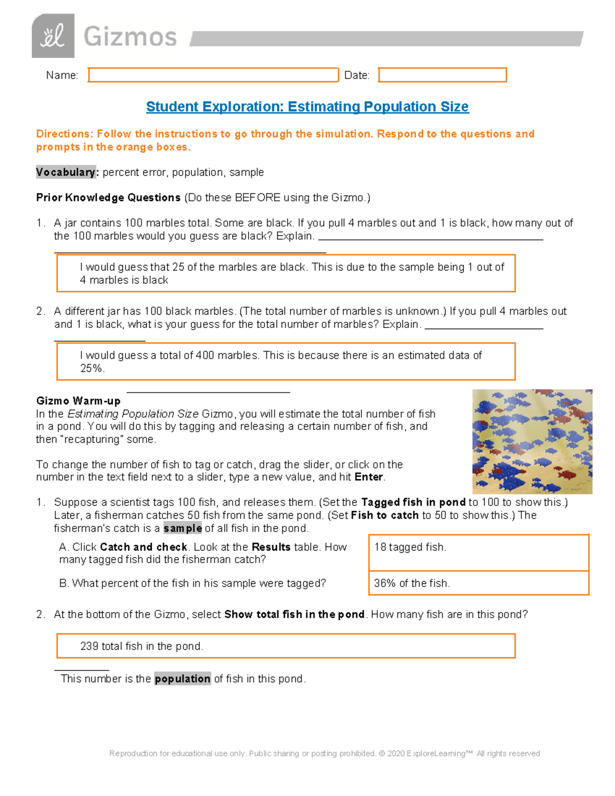 Estimating Population Size: Student Exploration and Responses - Studocu