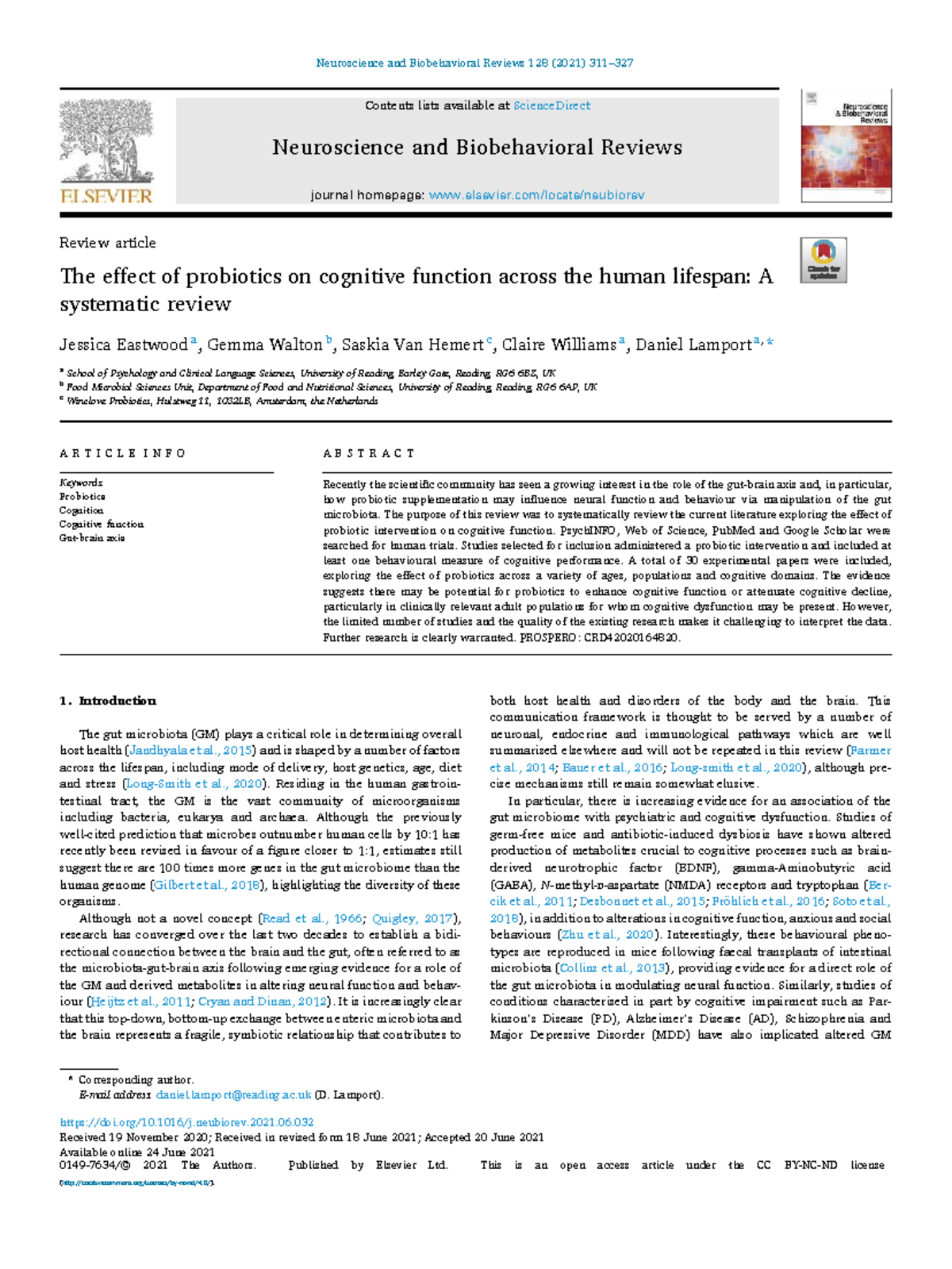 Probiotics and Cognitive Function: A Systematic Review (PSY 2021) - Studocu