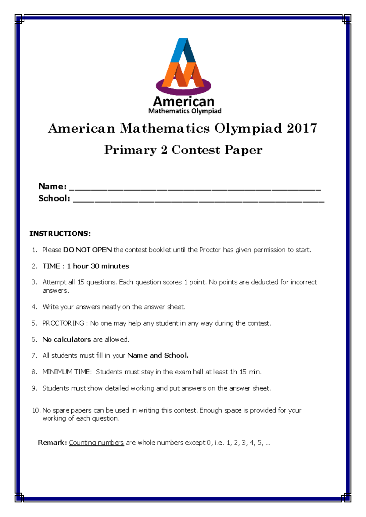 AMO 2017 Primary 2 Contest Paper with Solutions - Studocu
