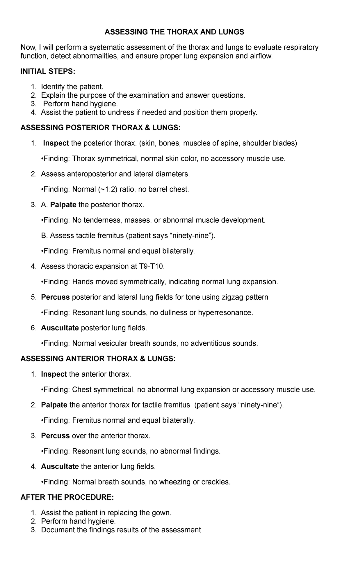 Thorax & Lungs Assessment Notes: Key Findings & Techniques - Studocu