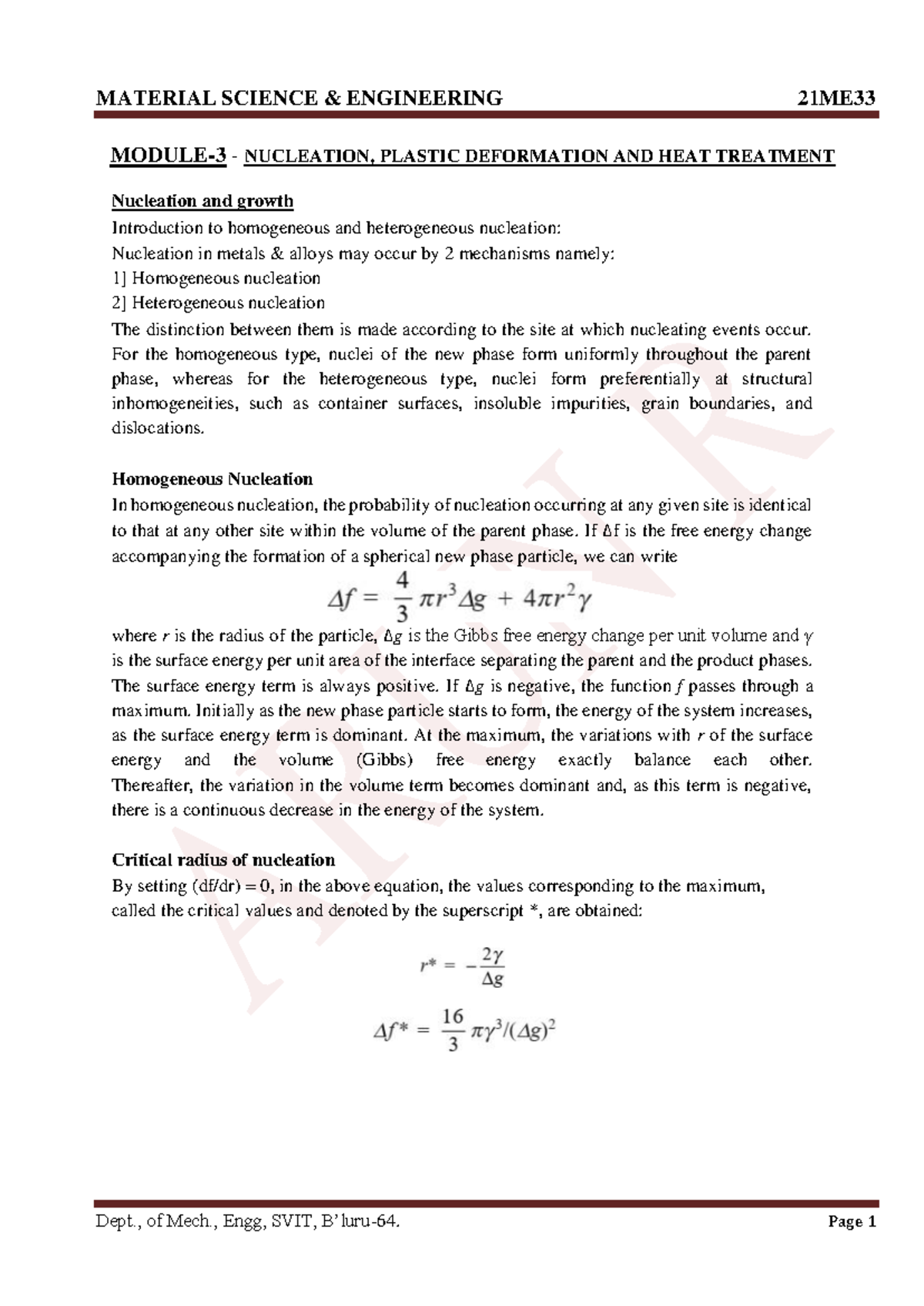 MATERIAL SCIENCE ENGINEERING 21ME33: Nucleation, Plastic Deformation ...