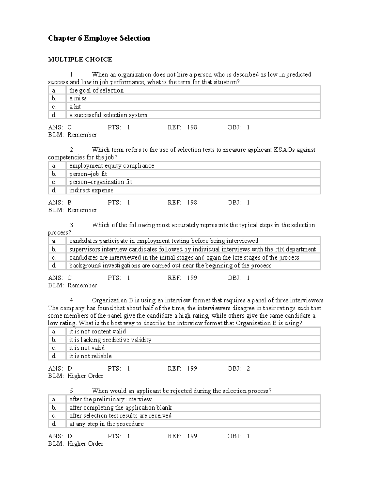 Ch.6 Employee Selection: Key Concepts and Multiple-Choice Questions ...