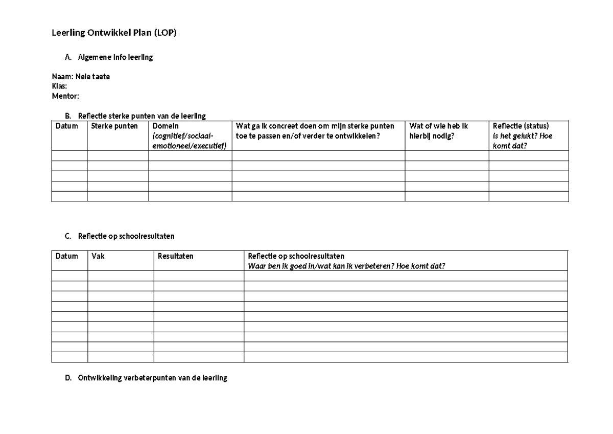 Leerling Ontwikkel Plan (LOP) 21-22: Reflectie en Verbeterpunten ...