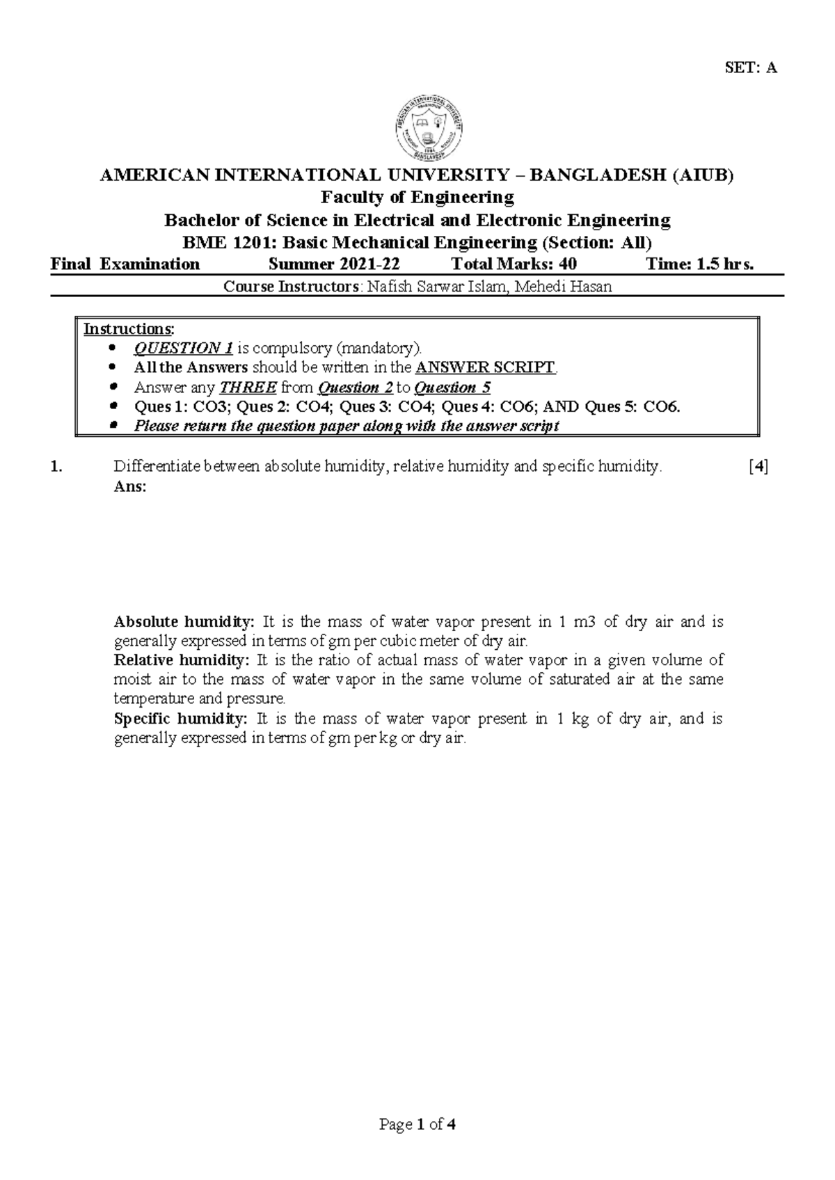 BME 1201: Basic Mechanical Engineering Final Exam Answers - Studocu
