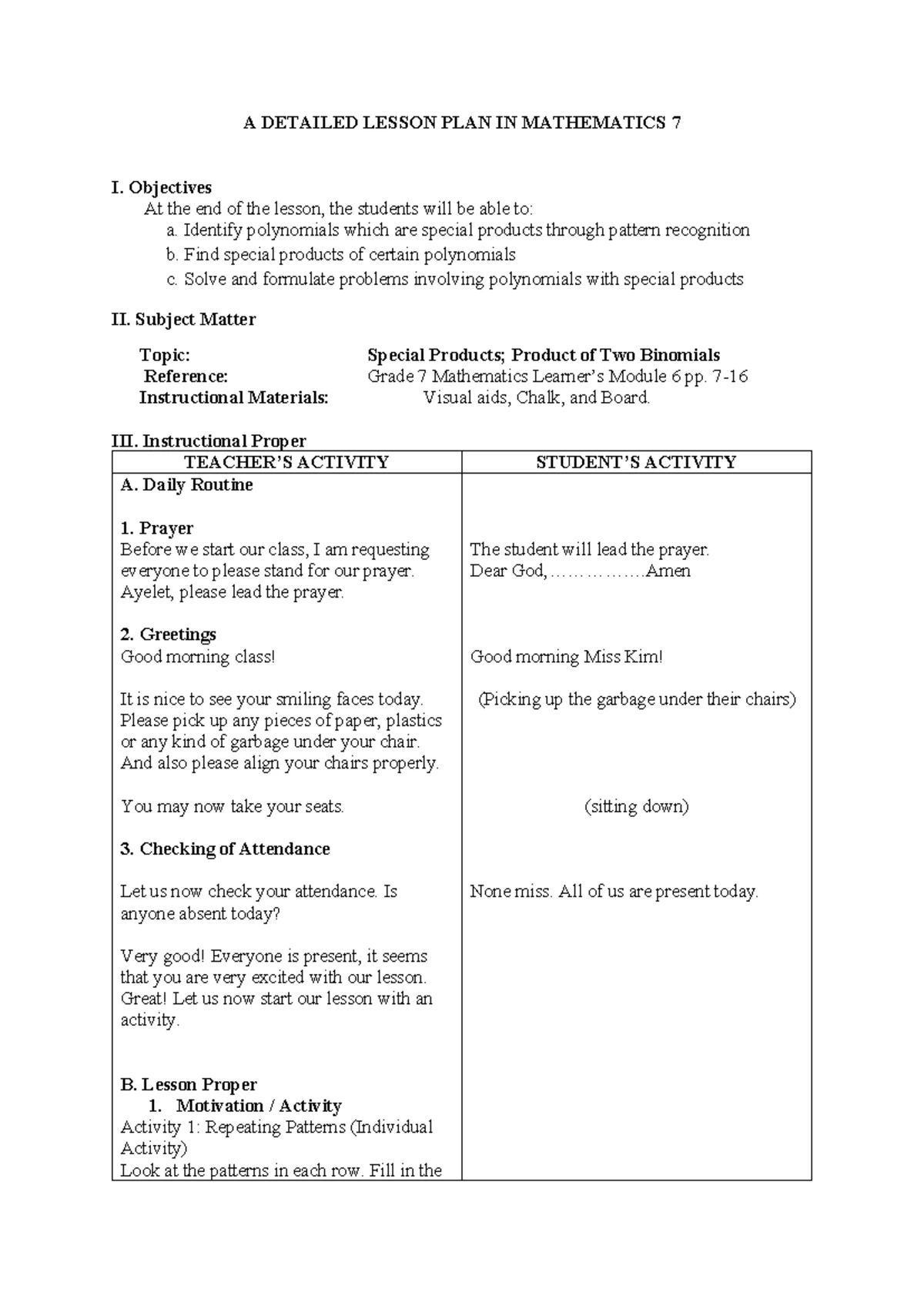 A Detailed Lesson Plan in Math 7: Evaluating Algebraic Expressions ...