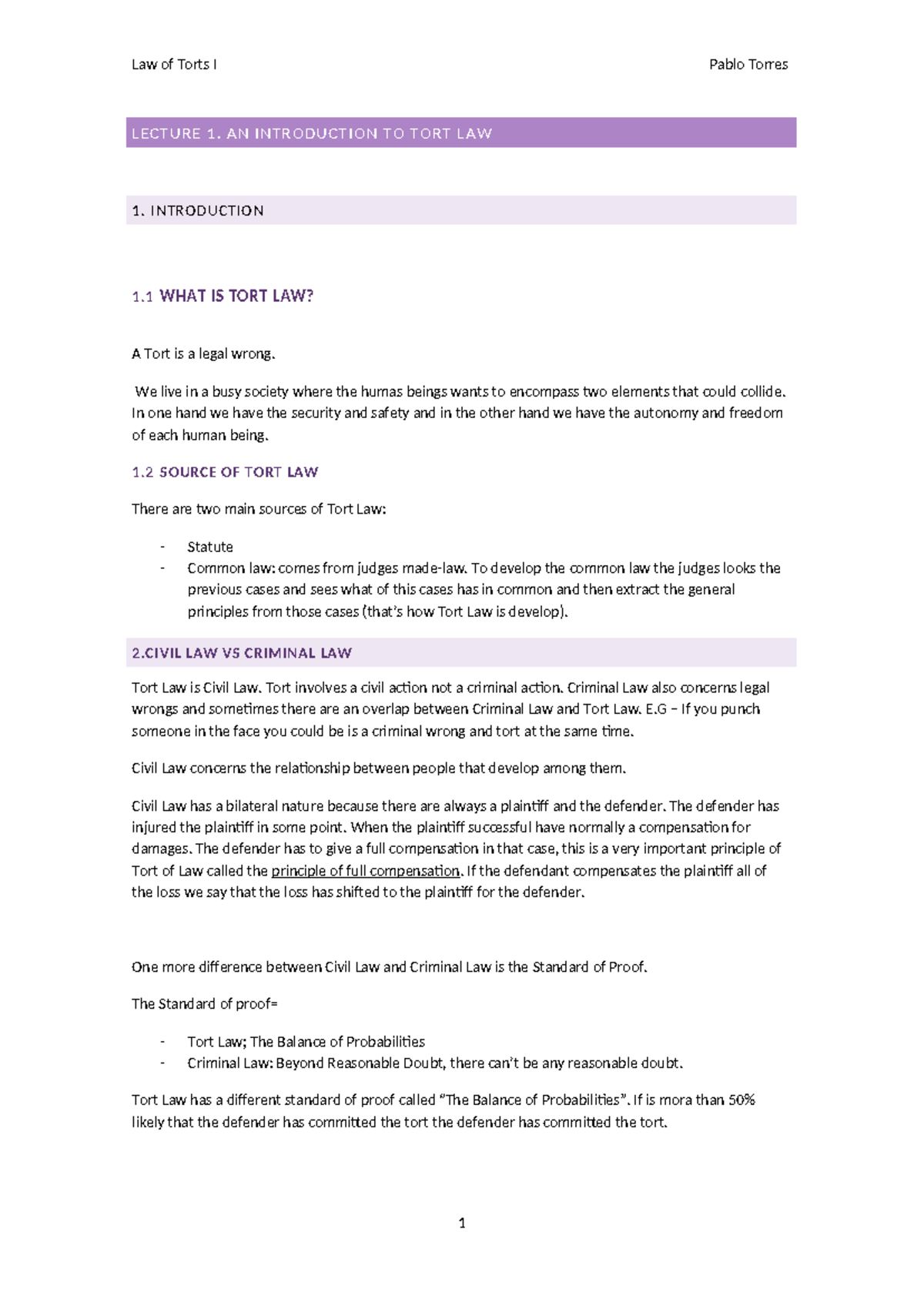 Law of Torts 1 Notes 2 - LECTURE 1. AN INTRODUCTION TO TORT LAW 1 ...