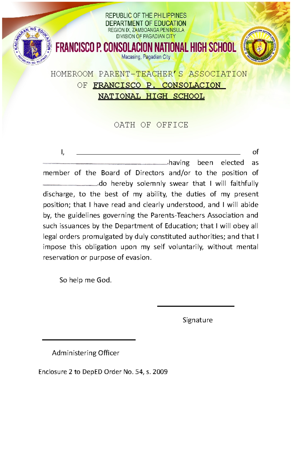 Oath of Office for Parents-Teachers Association - OATH-FORM - Studocu