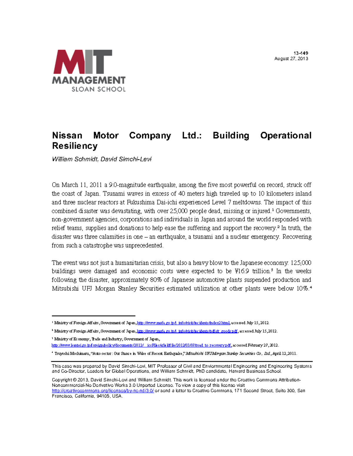 NISSAN MOTOR COMPANY LTD.: OPERATIONAL RESILIENCY POST-2011 DISASTER ...