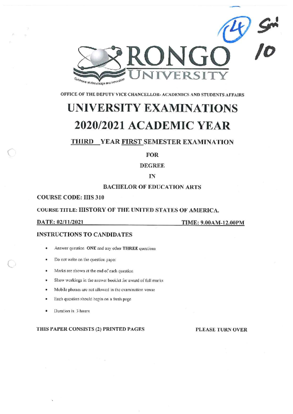 HIS 310 - Past Exam Paper: History of the USA - Studocu