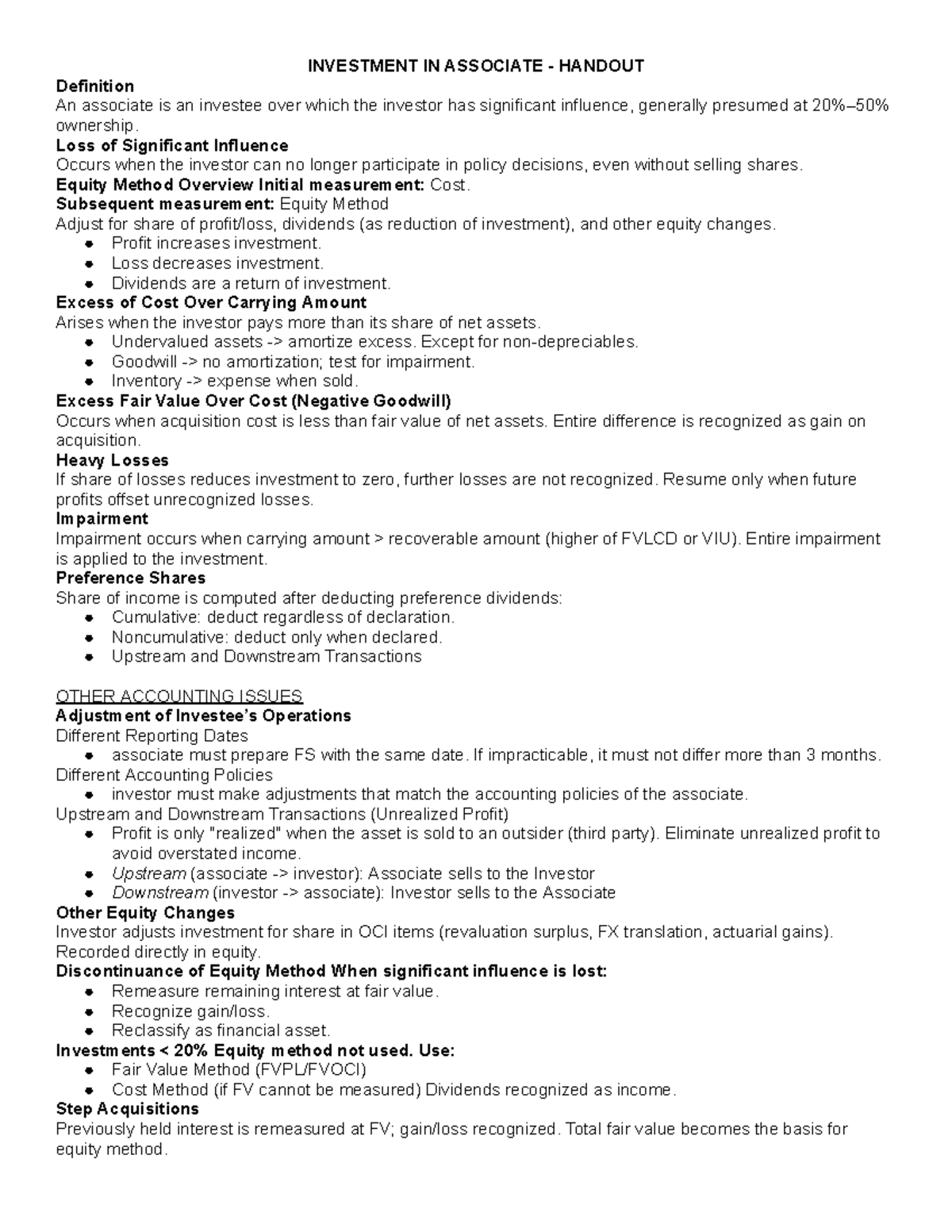 Investment in Associate (Group 1) Handout: Key Concepts & Methods - Studocu
