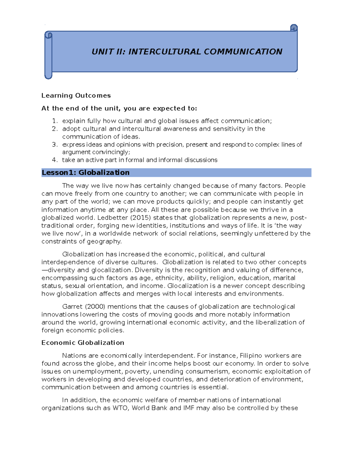 UNIT II - Lesson 1 (Globalization) - Learning Outcomes At the end of ...