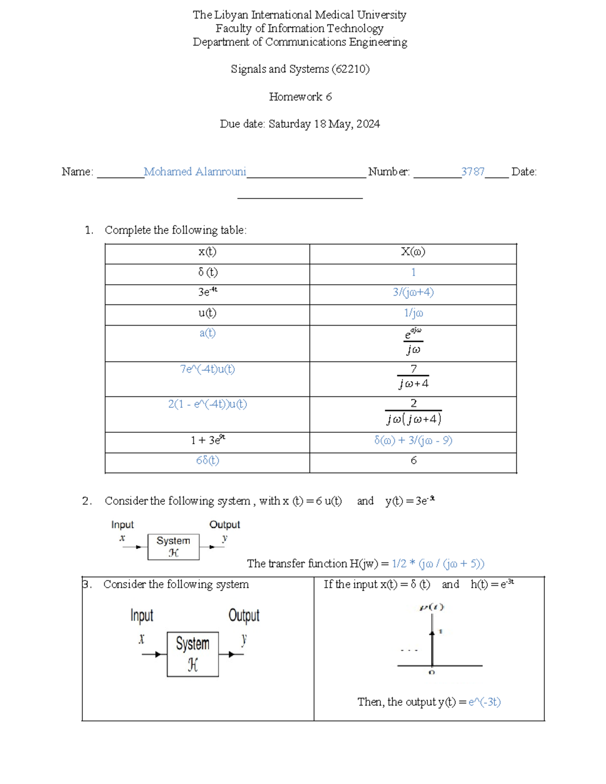 Signals and Systems (62210) - Homework 6 Solutions - Spring 2024 - Studocu