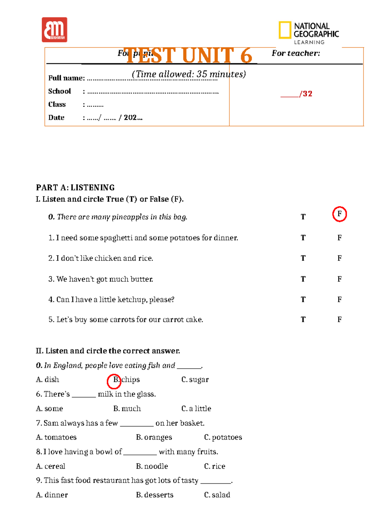Unit 6 Listening & Reading Test for English Grammar (35 min) - Studocu